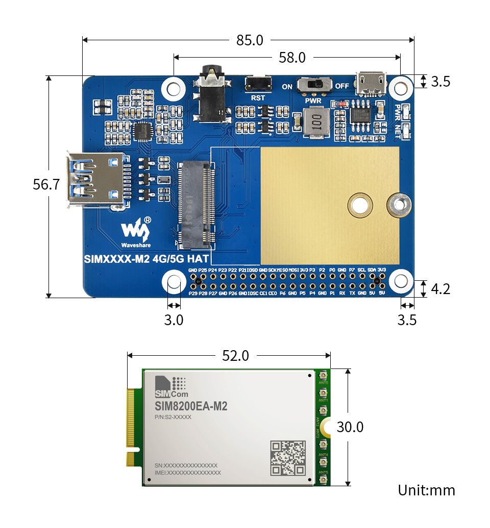 Module SIM8200EA-M2 5G HAT for Raspberry Pi, 5G/4G/3G Support, Snapdragon X55, Multi Mode Multi Band